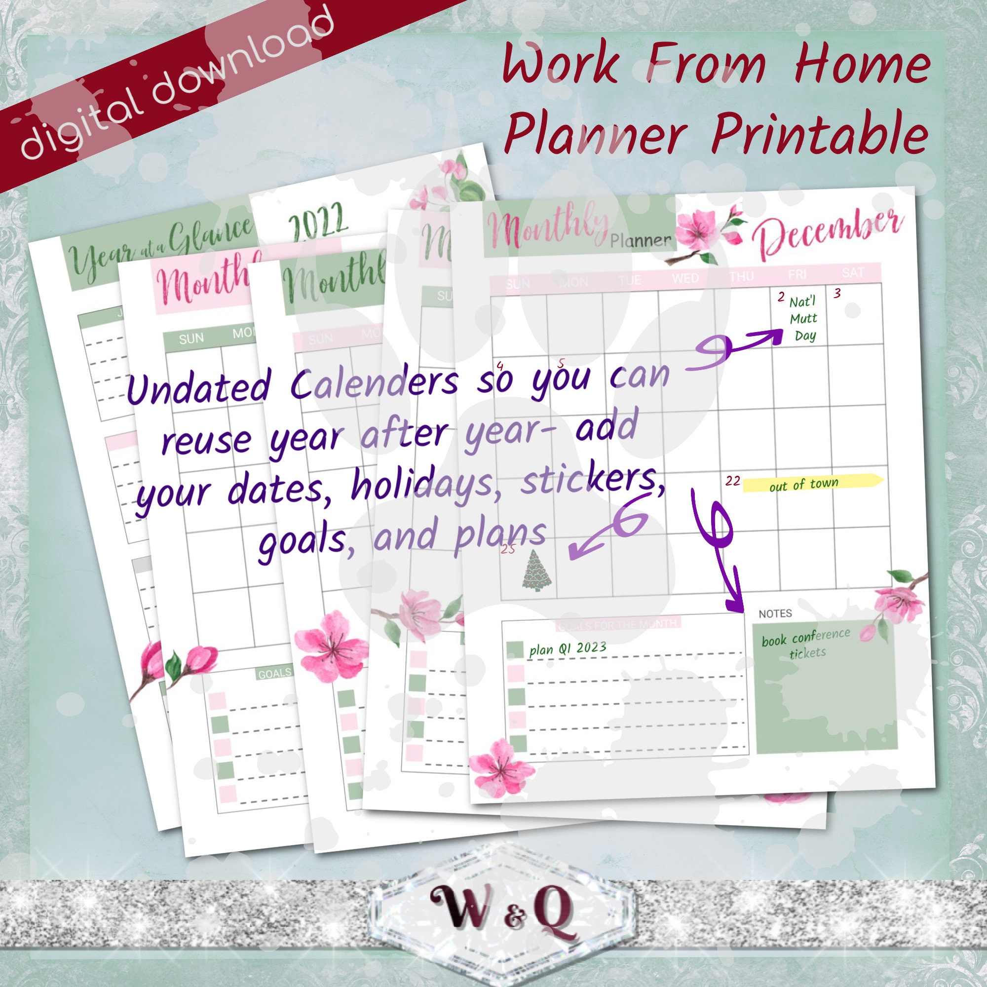 Cherry Blossom Themed Work From Home Planner in PDF Format; Print or ...