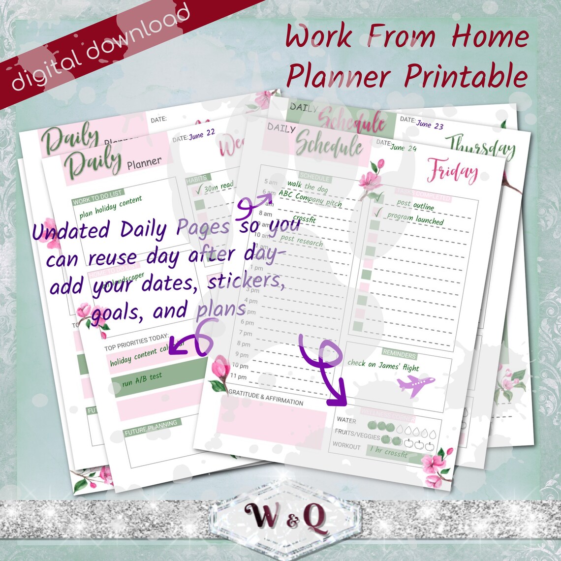 Cherry Blossom Themed Work From Home Planner in PDF Format; Print or ...
