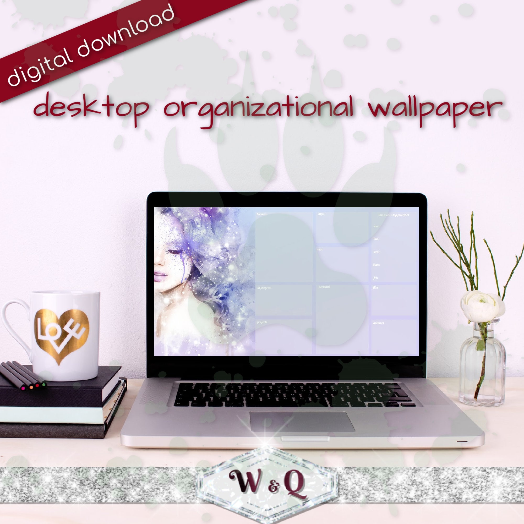 Desktop Digital Organizational Wallpaper Watercolor Girls - Etsy