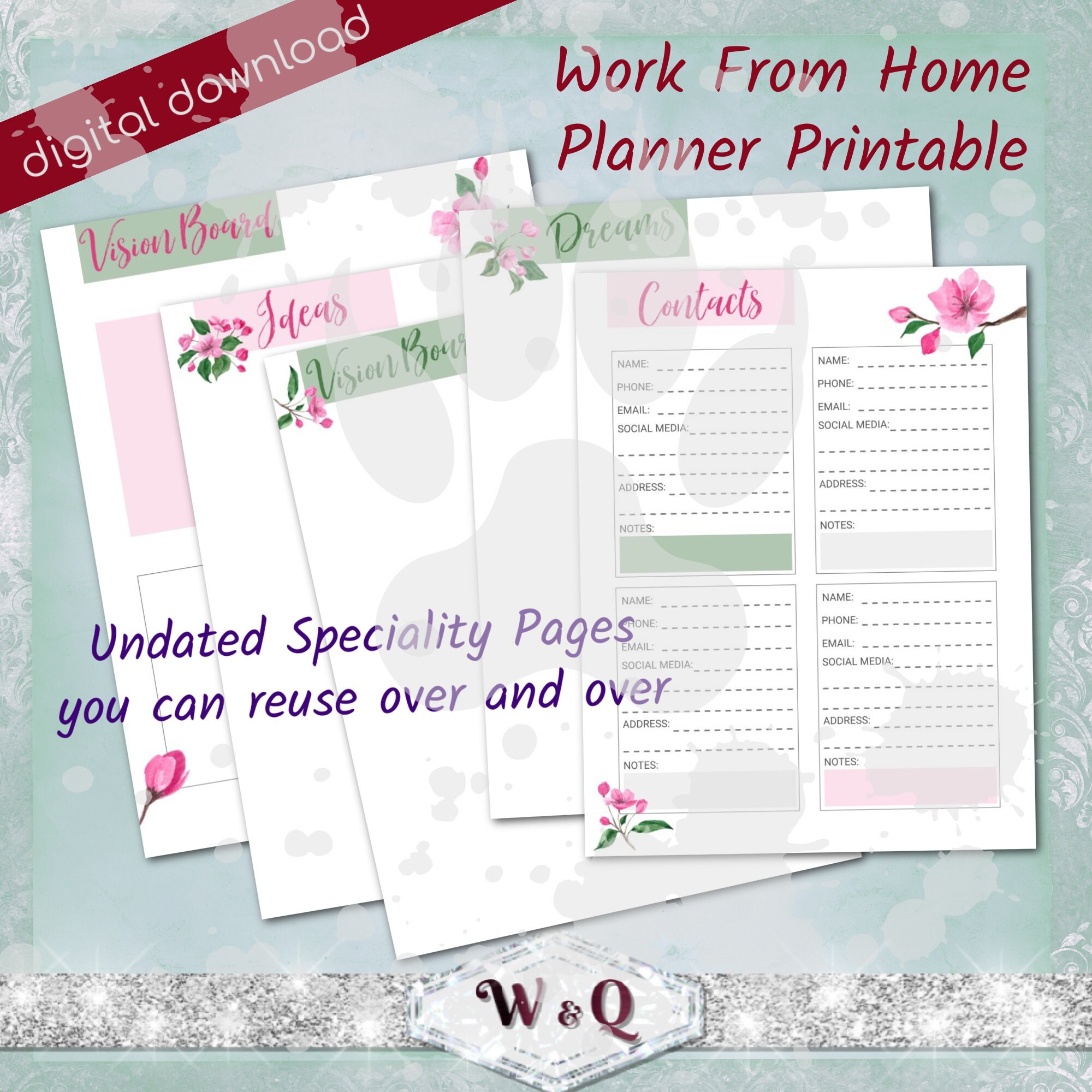 Cherry Blossom Themed Work From Home Planner in PDF Format Print or Add ...