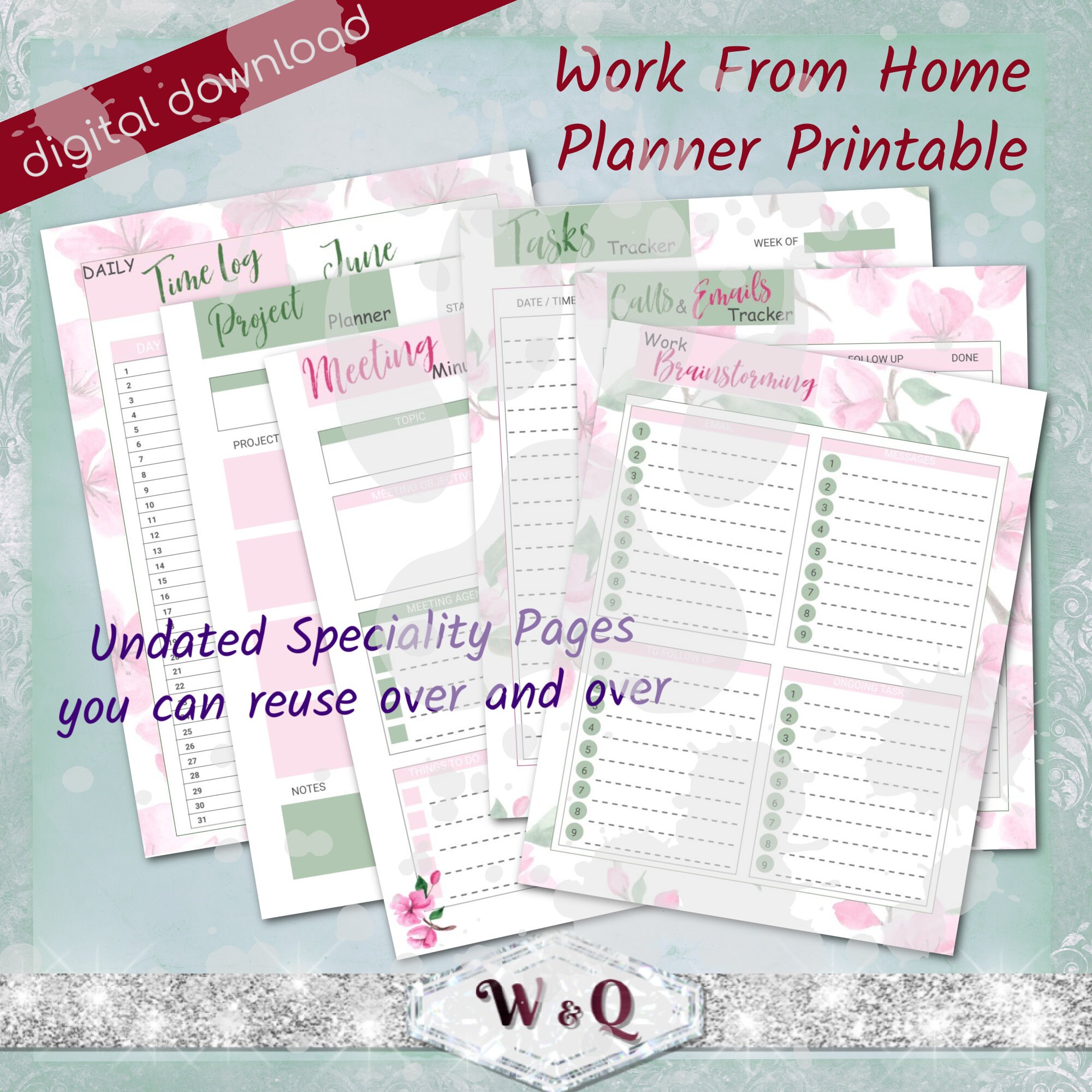 Cherry Blossom Themed Work From Home Planner in PDF Format Print or Add ...