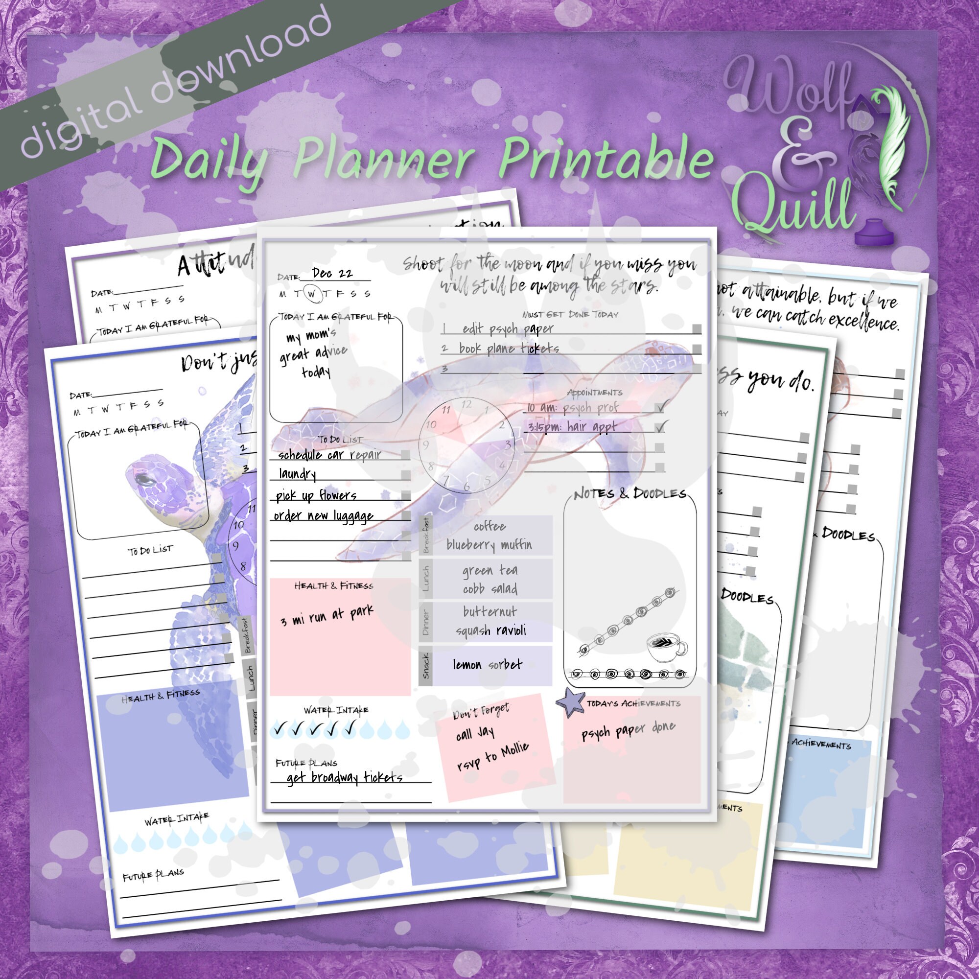 5 Daily Planner Pages in Assorted Colors With a Turtle Motif - Etsy