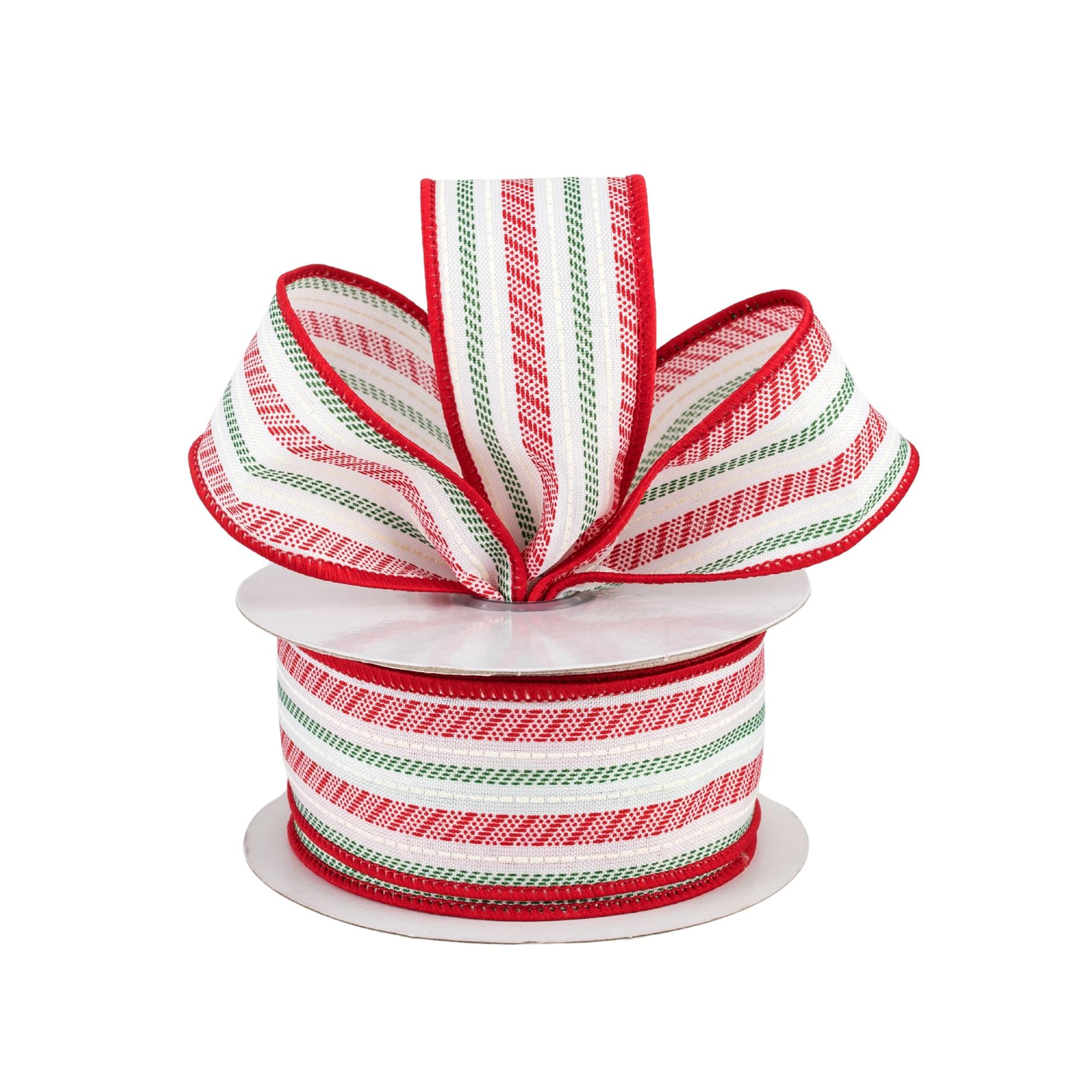 1.5x10yd Slash/ticking Stripe Ribbon, White/red/green, RGB122527, Bow ...