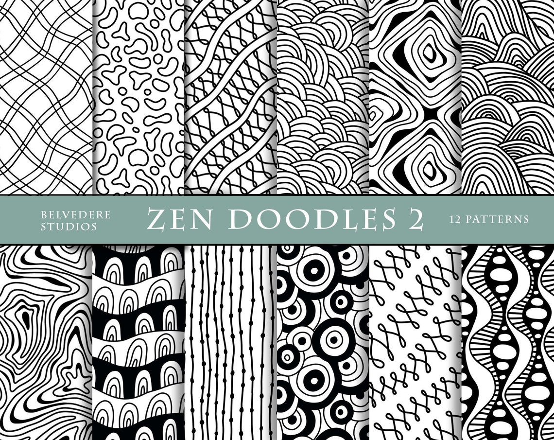 Black & White Digital Paper Doodles Bundle, Hand Drawn Seamless ...