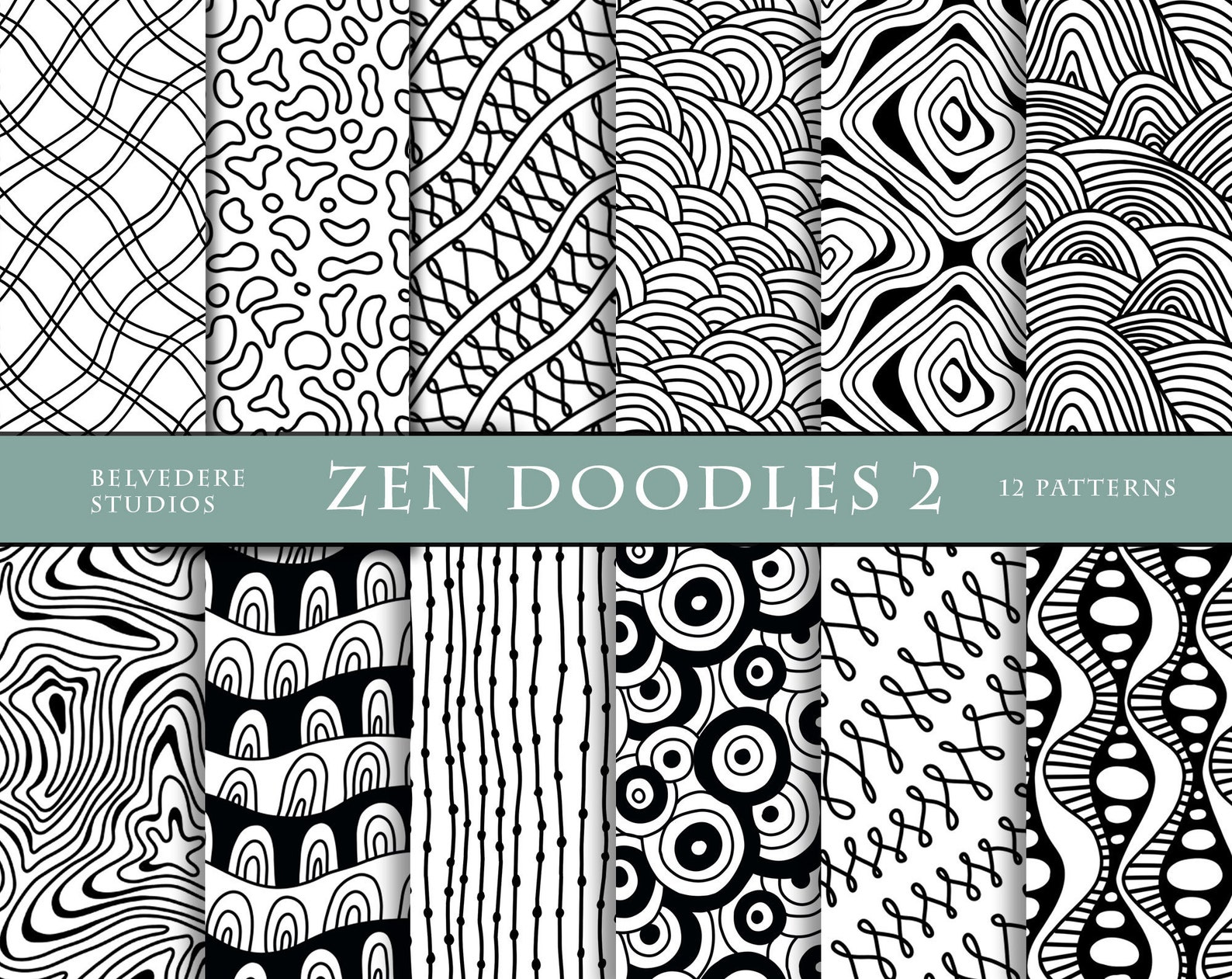 Black & White Digital Paper Doodles Bundle, Hand Drawn Seamless ...