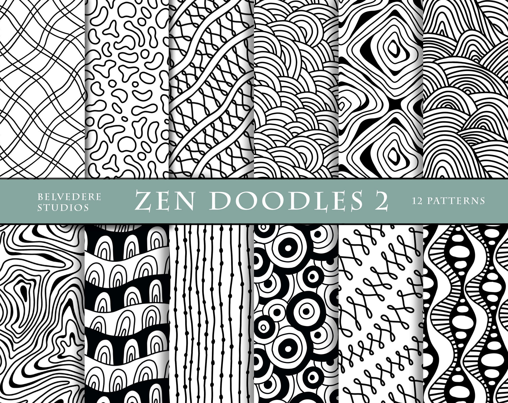 Black & White Digital Paper Doodles Bundle, Hand Drawn Seamless ...