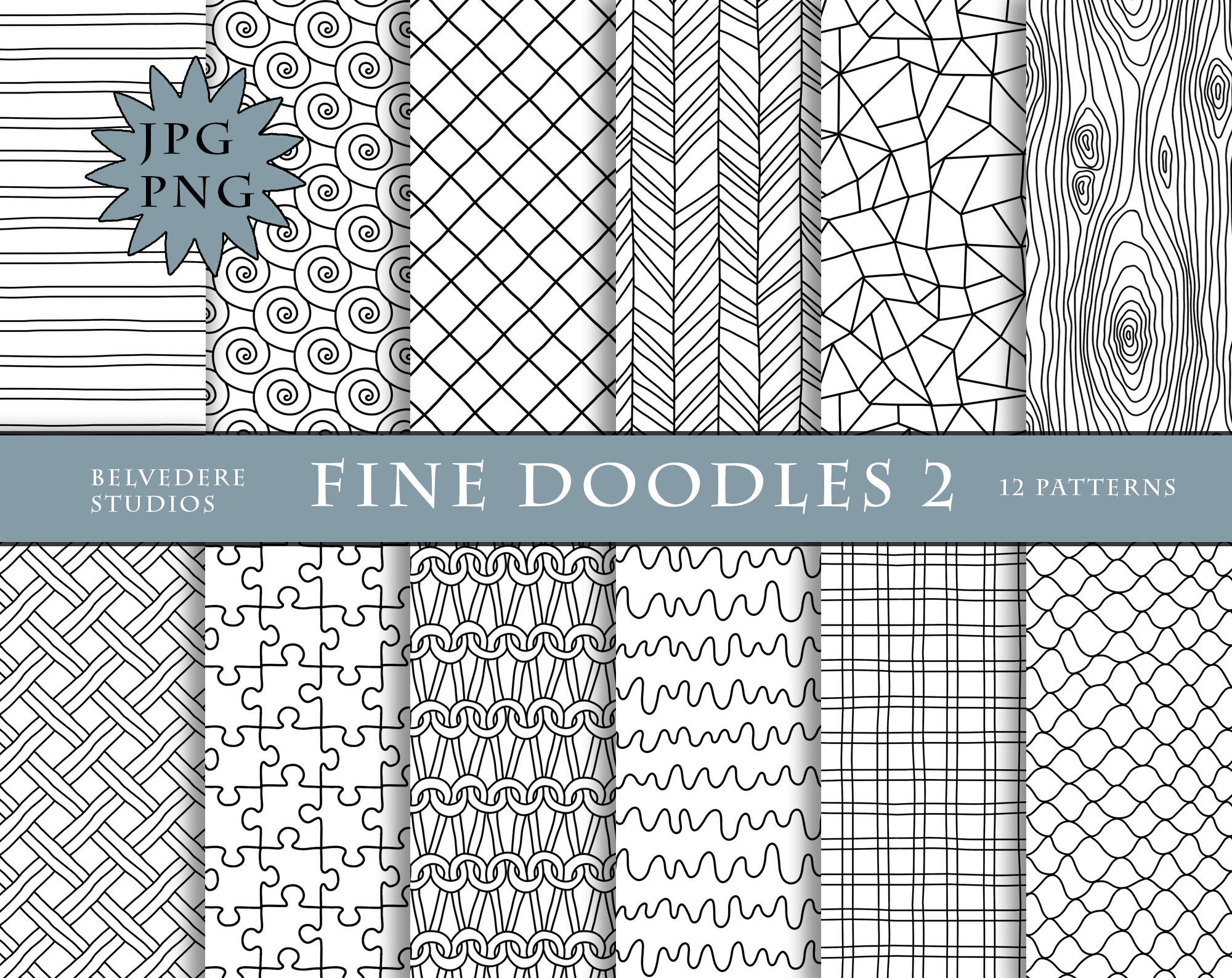 Fine Doodles 2, Black & White Hand Drawn Doodles, PNG Digital Paper ...