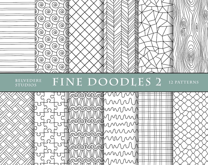 Black & White Digital Paper Doodles Bundle, Hand Drawn Seamless ...