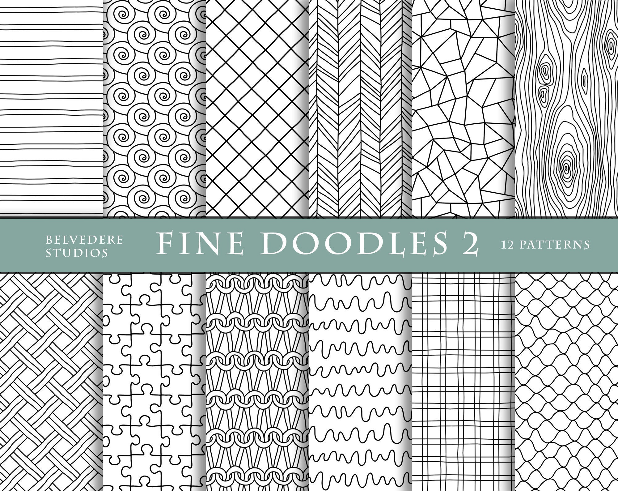 Black & White Digital Paper Doodles Bundle, Hand Drawn Seamless ...