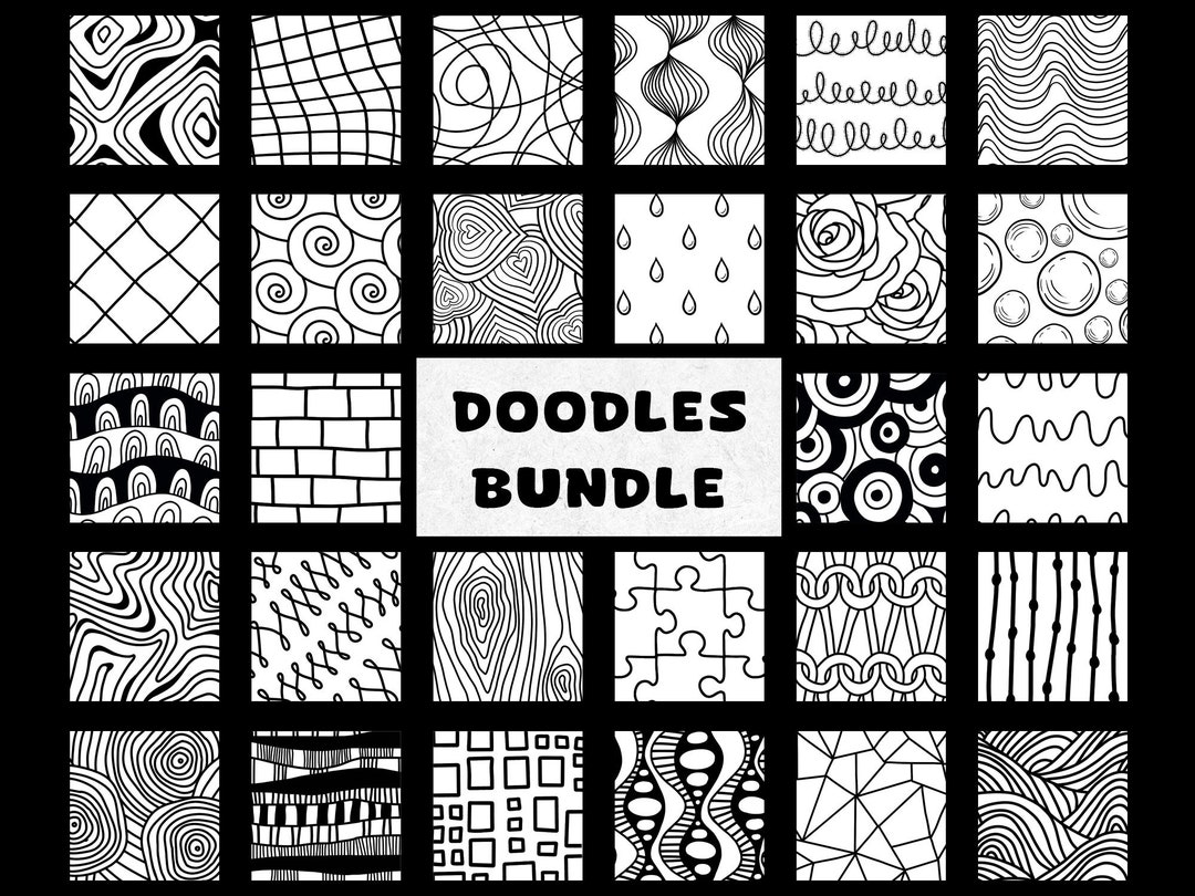 Black & White Digital Paper Doodles Bundle, Hand Drawn Seamless ...
