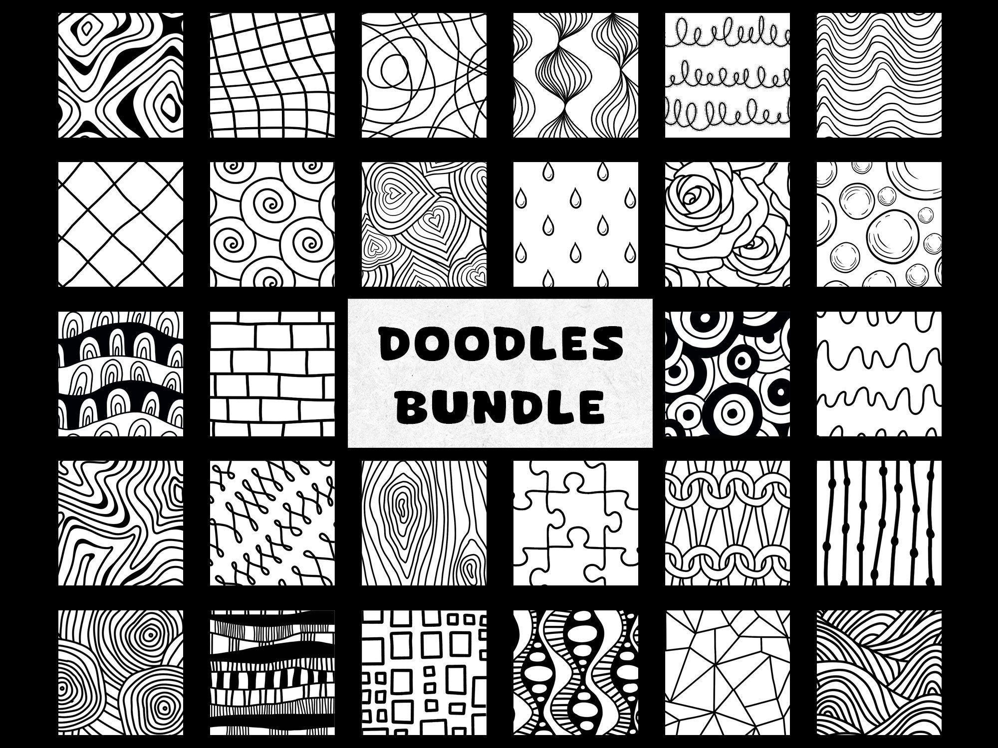 Black & White Digital Paper Doodles Bundle, Hand Drawn Seamless Patterns, Zen Doodles, Floral ...