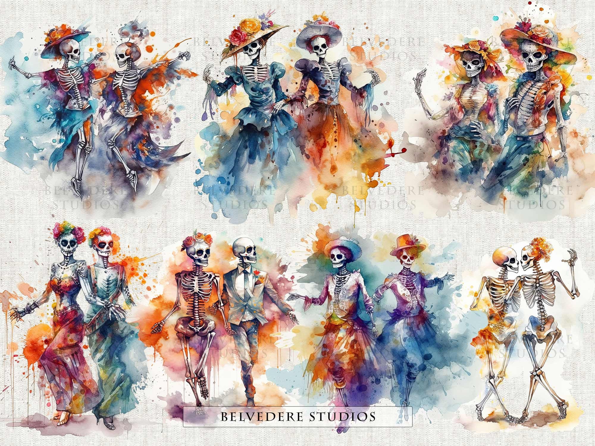 Dancing Skeletons Watercolor Clipart Halloween PNG Clipart - Etsy