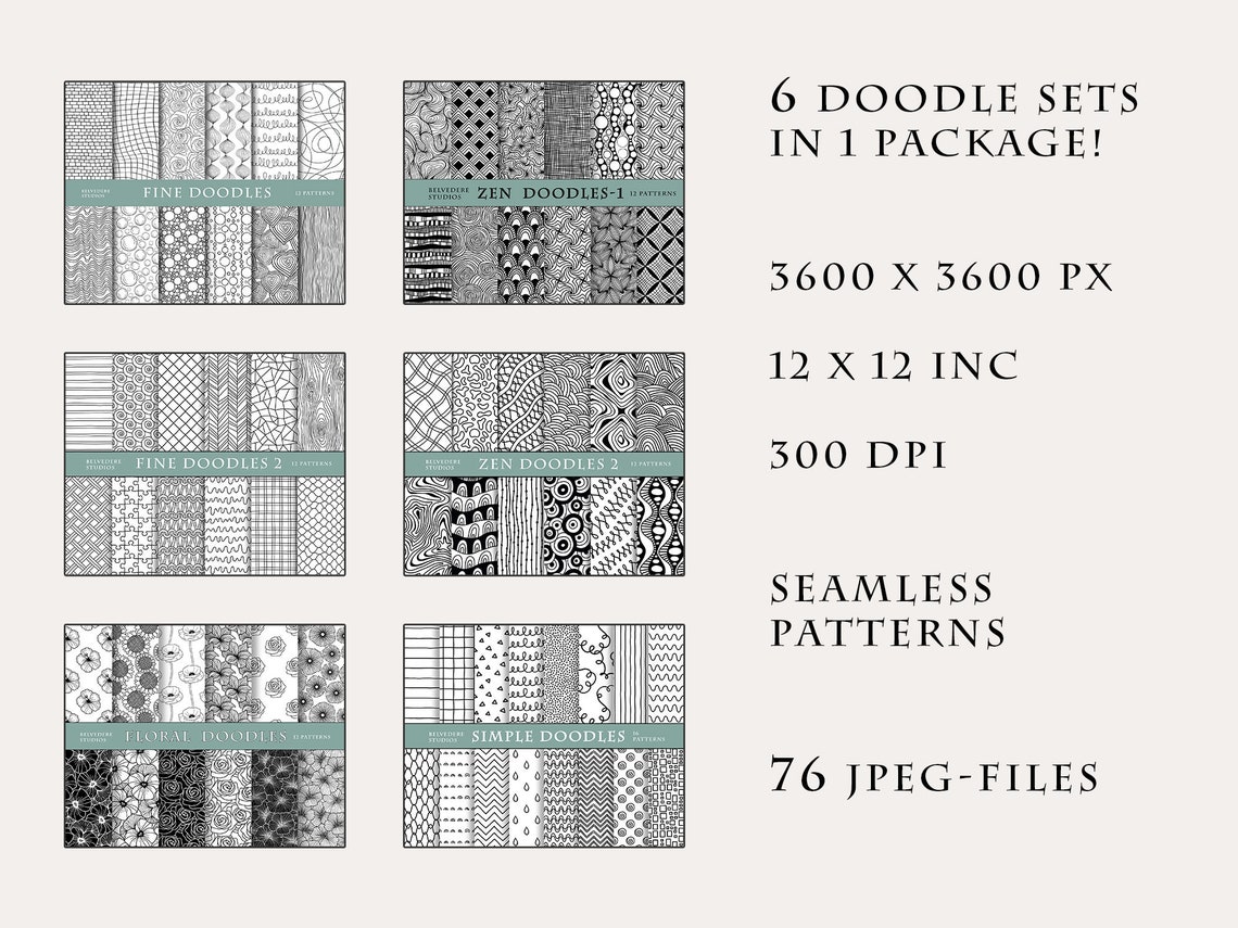 Black & White Digital Paper Doodles Bundle, Hand Drawn Seamless ...