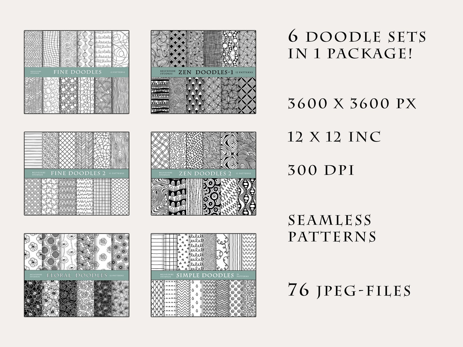 Black & White Digital Paper Doodles Bundle, Hand Drawn Seamless ...