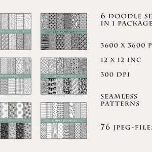 Black & White Digital Paper Doodles Bundle, Hand Drawn Seamless ...