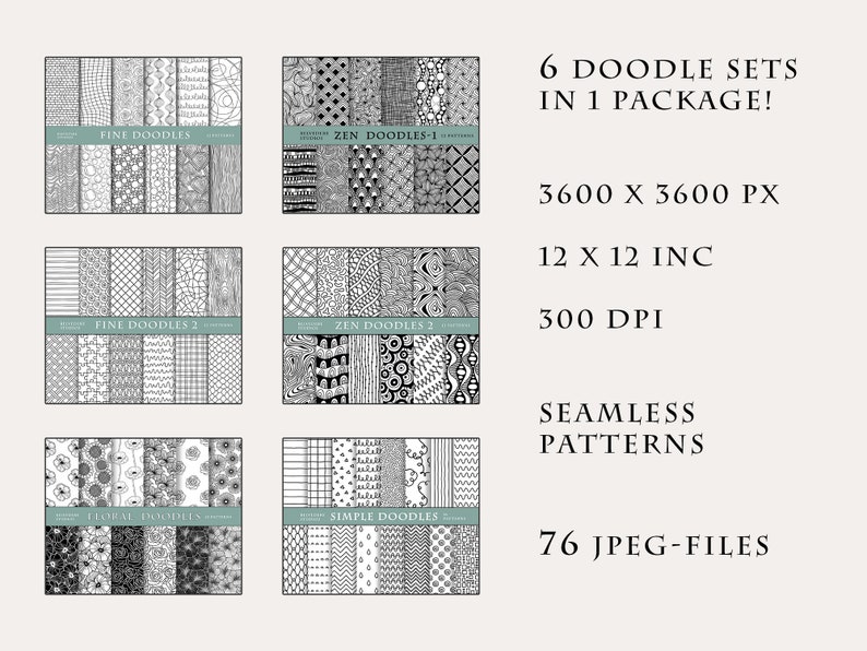 Black & White Doodle Digital Paper Bundle, Hand-drawn Patterns ...