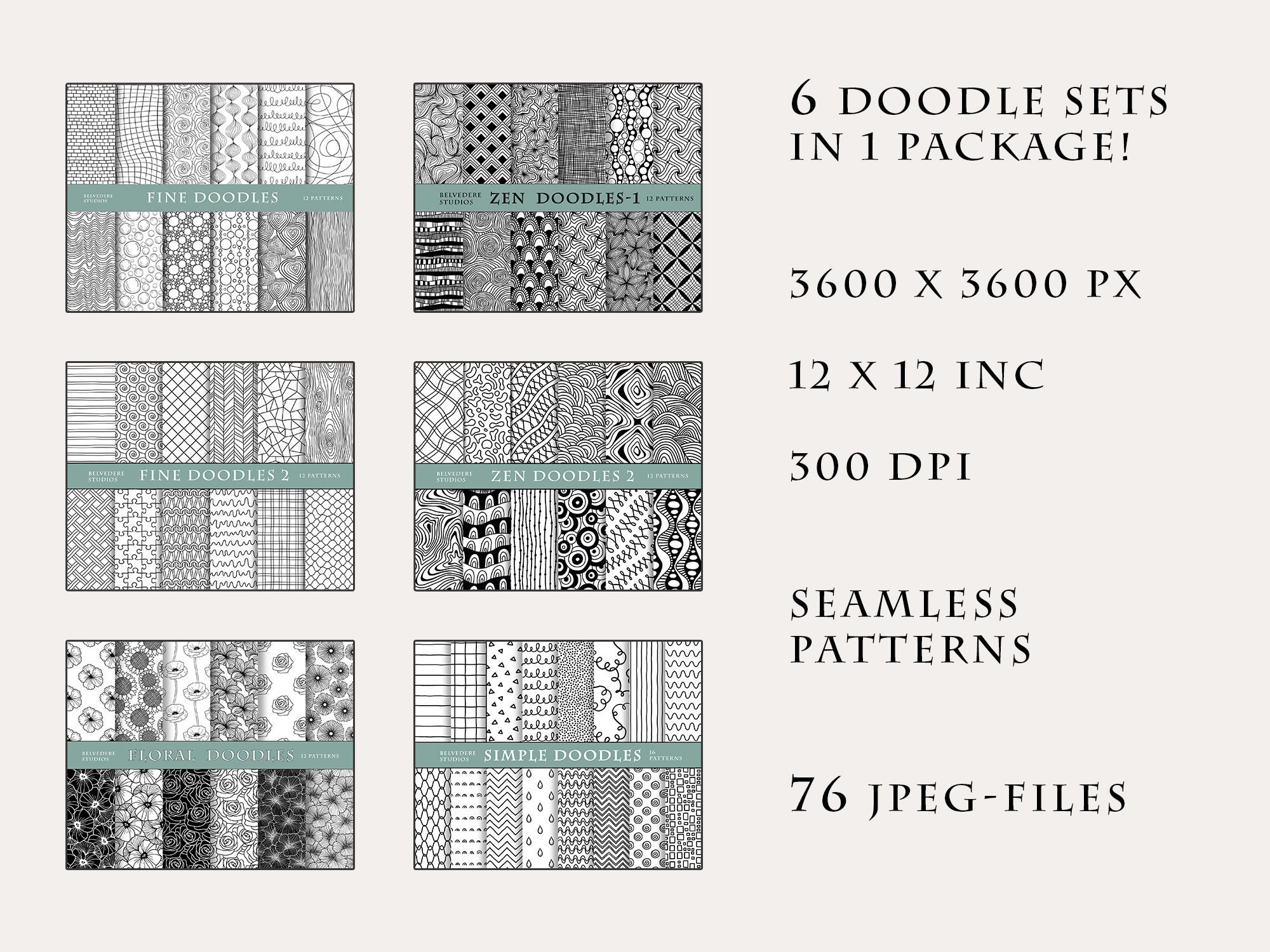 Black & White Digital Paper Doodles Bundle, Hand Drawn Seamless ...
