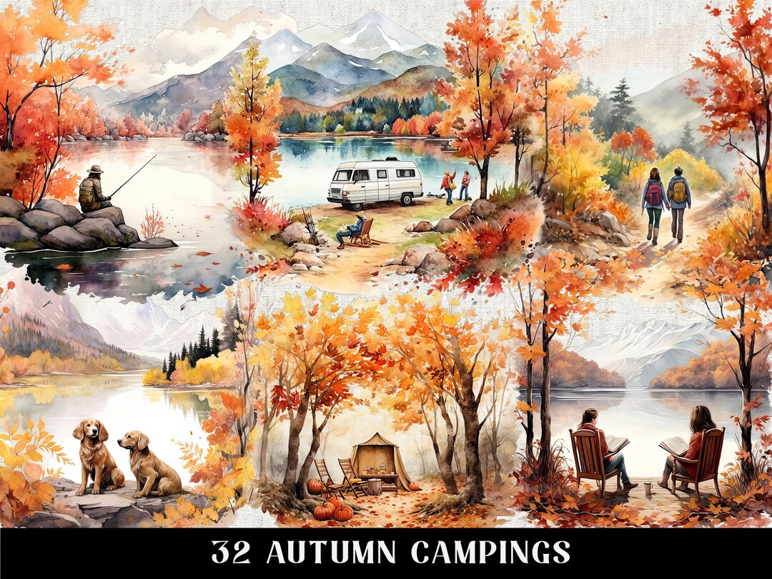 Autumn Camping Watercolor PNG Clipart for POD and Scrapbooking, Fall ...