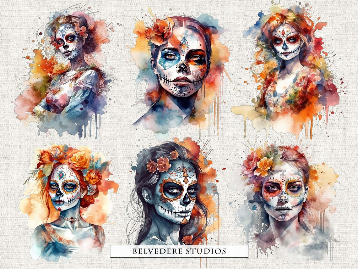 Sugar Skull Women Watercolor PNG Clipart, Dia De Los Muertos Clipart ...