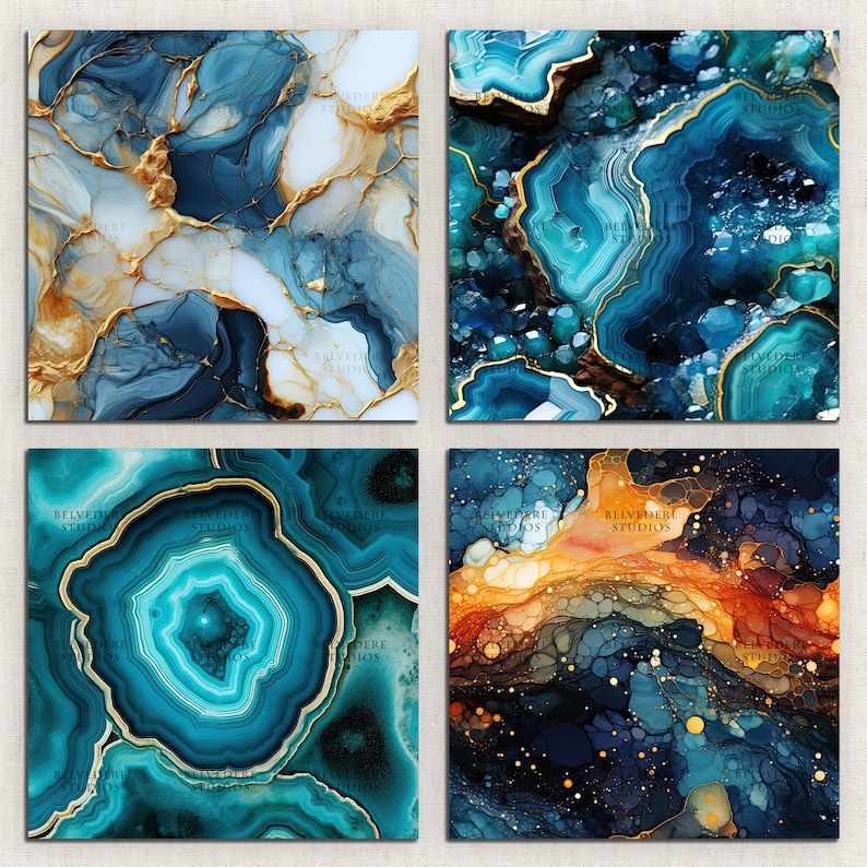 Agate Digital Paper, Turquoise and Gold Agate, Geode Designs, Teal and ...