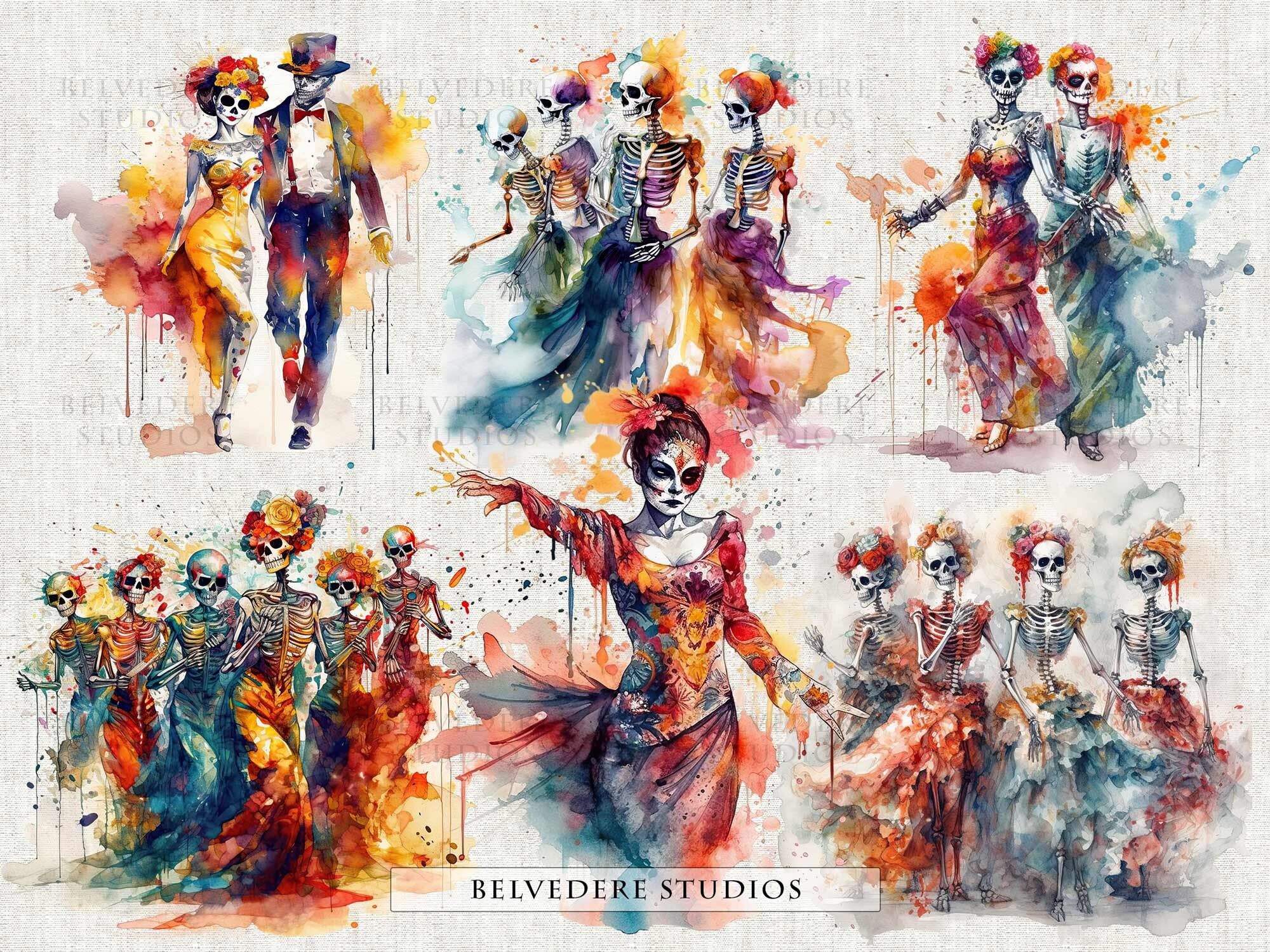 Dancing Skeletons Watercolor Clipart Halloween PNG Clipart - Etsy