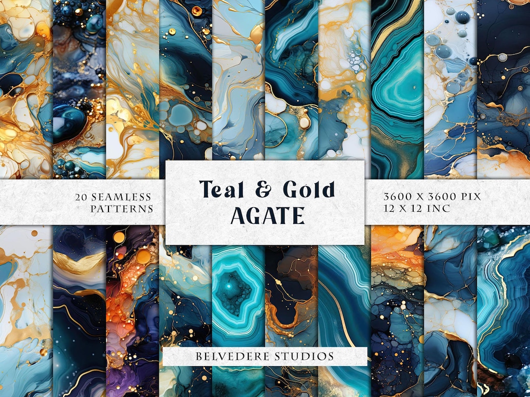 Agate Digital Paper, Turquoise and Gold Agate, Geode Designs, Teal and ...