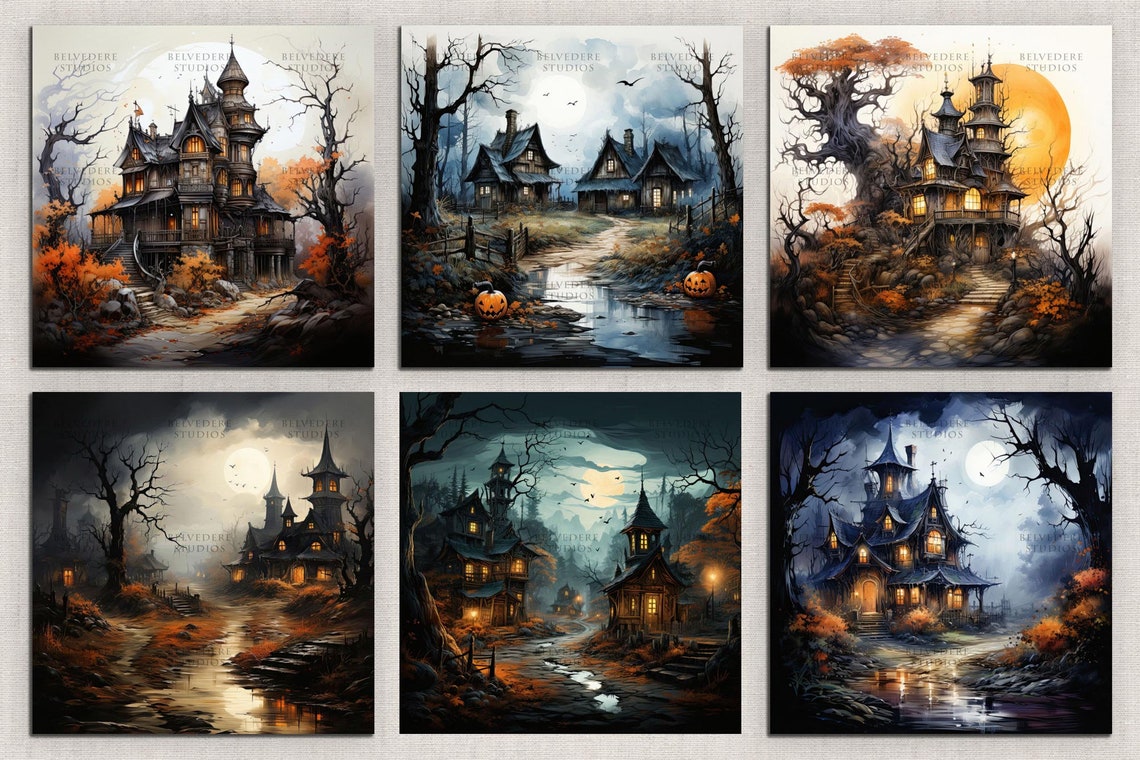 Haunted Houses Clipart, Halloween Watercolor Witch Houses Clipart ...