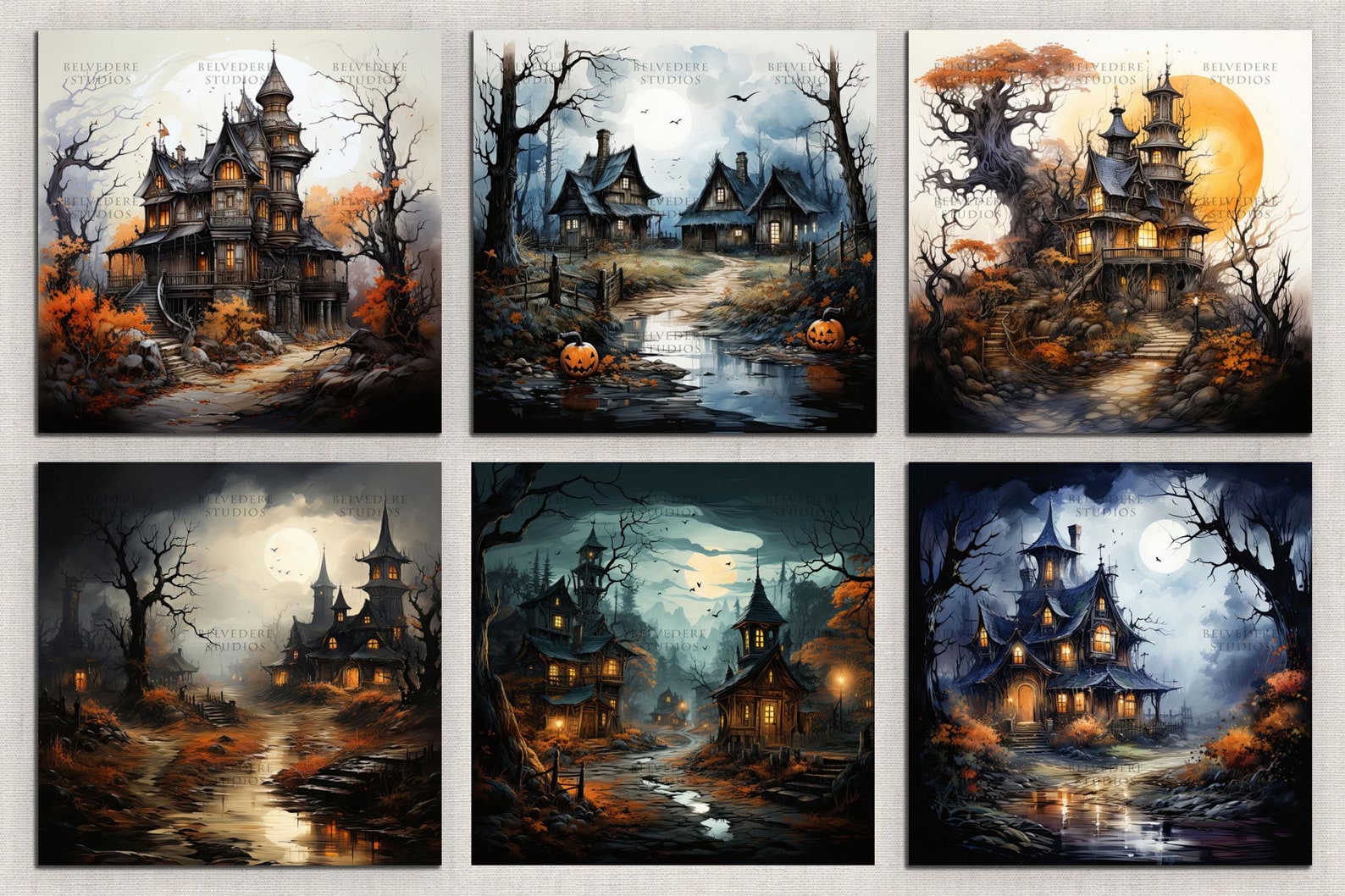 Haunted Houses Clipart, Halloween Watercolor Witch Houses Clipart ...