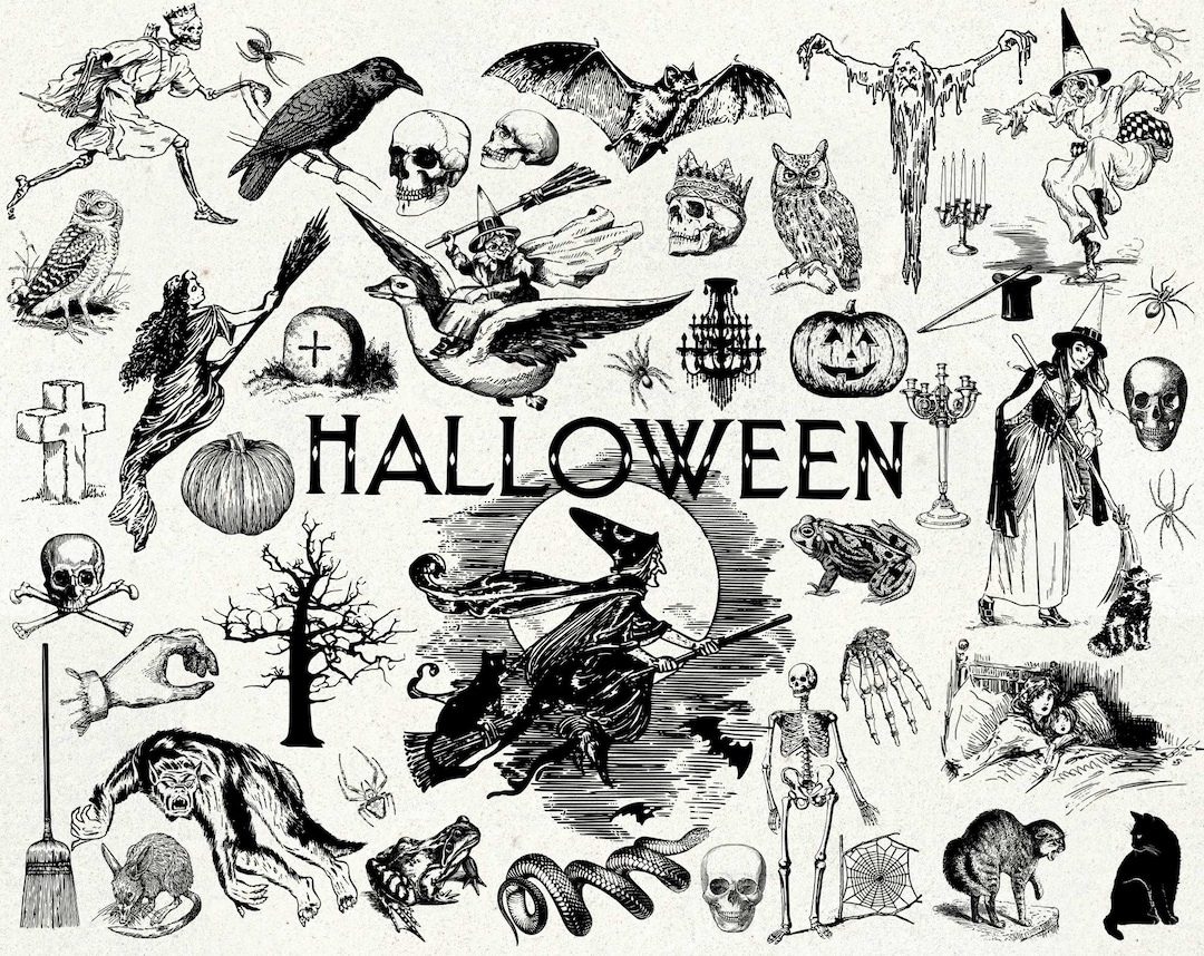 Vintage Halloween Clipart, Commercial Use, Pumpkin Face, Witches ...