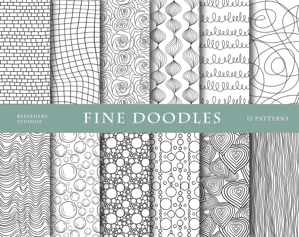 Black & White Digital Paper Doodles Bundle, Hand Drawn Seamless ...