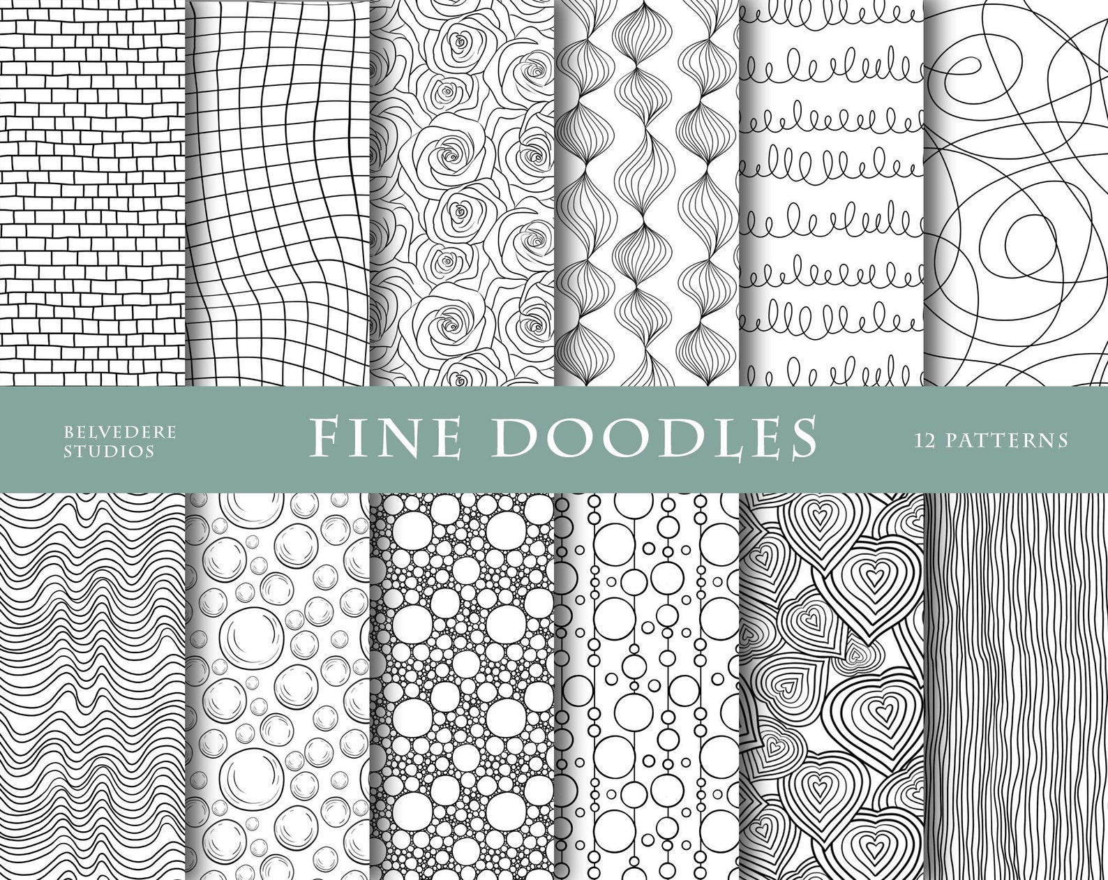 Black & White Digital Paper Doodles Bundle, Hand Drawn Seamless ...