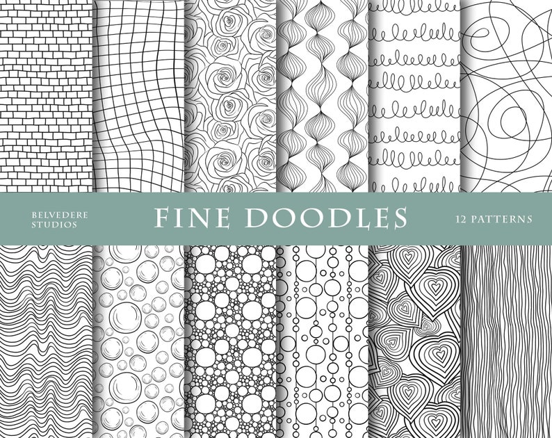 Black & White Digital Paper Doodles Bundle, Hand Drawn Seamless ...
