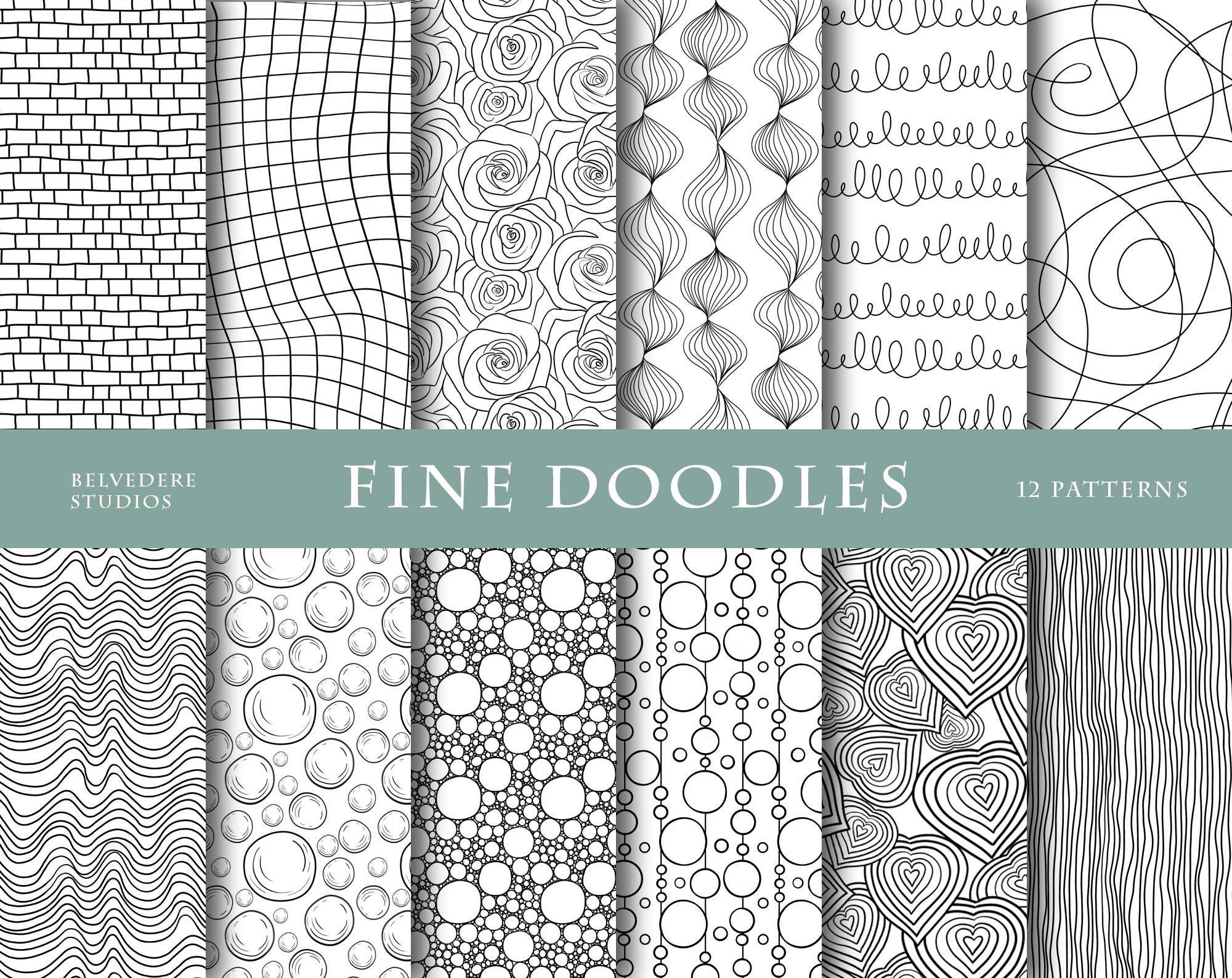 Black & White Digital Paper Doodles Bundle, Hand Drawn Seamless ...