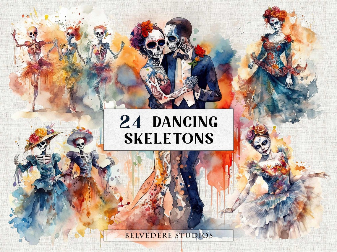 Dancing Skeletons Watercolor Clipart Halloween PNG Clipart - Etsy