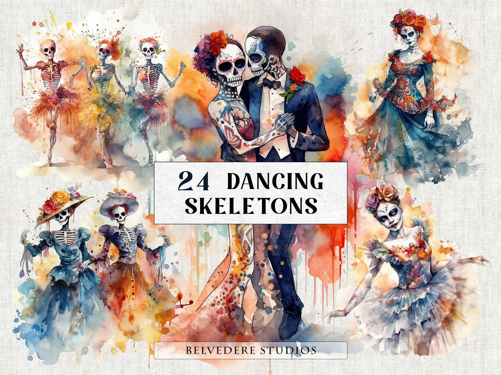Dancing Skeletons Watercolor Clipart Halloween PNG Clipart - Etsy