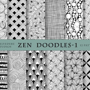 Black & White Digital Paper Doodles Bundle, Hand Drawn Seamless ...