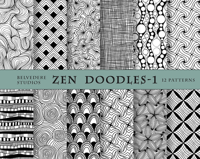 Black & White Doodle Digital Paper Bundle, Hand-drawn Patterns ...