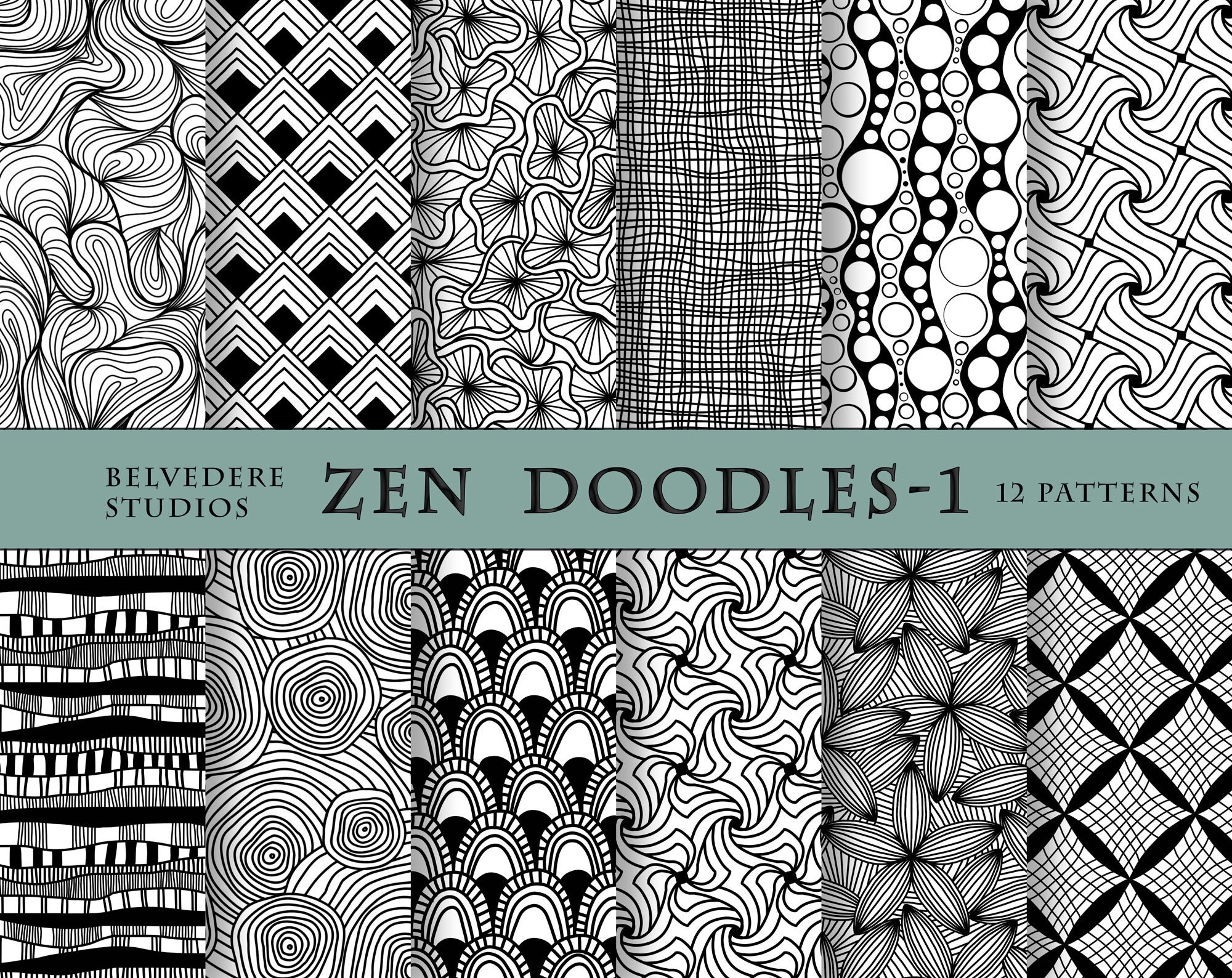 Black & White Digital Paper Doodles Bundle, Hand Drawn Seamless ...