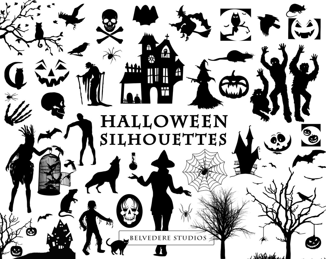 Halloween Silhouettes Clipart Pumpkin Face Halloween Cat - Etsy