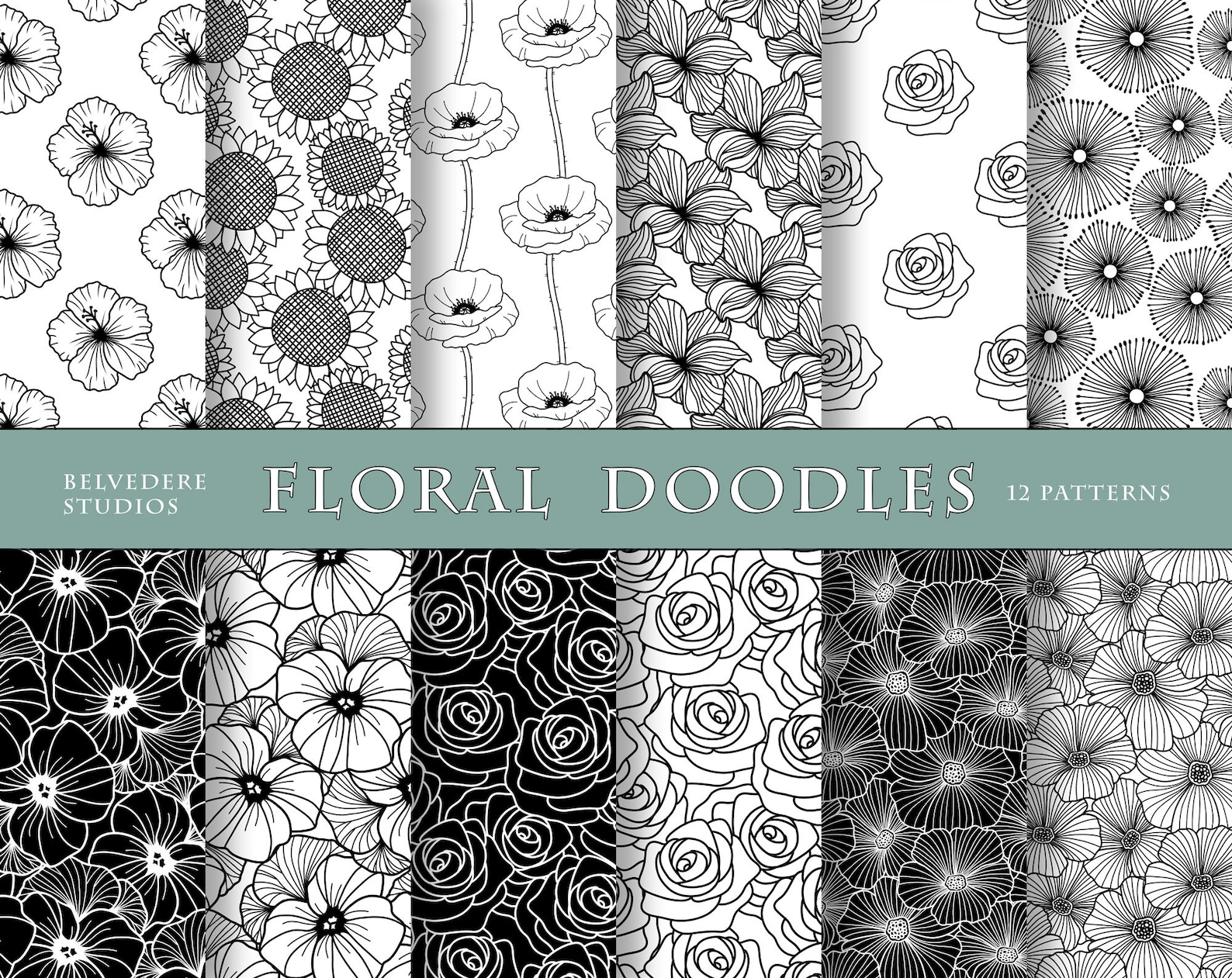 Black & White Digital Paper Doodles Bundle, Hand Drawn Seamless ...