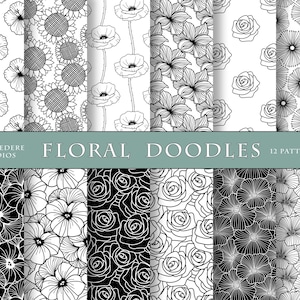 Black & White Digital Paper Doodles Bundle, Hand Drawn Seamless ...