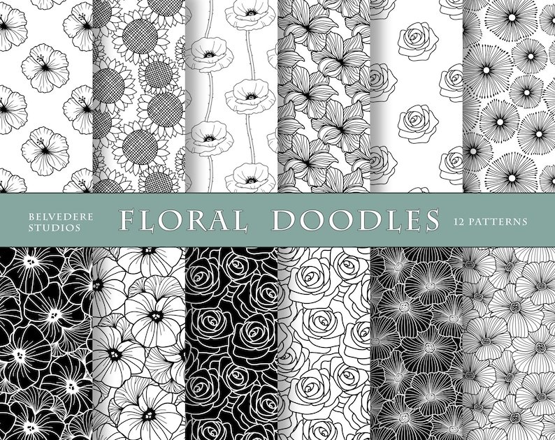 Black & White Digital Paper Doodles Bundle, Hand Drawn Seamless ...