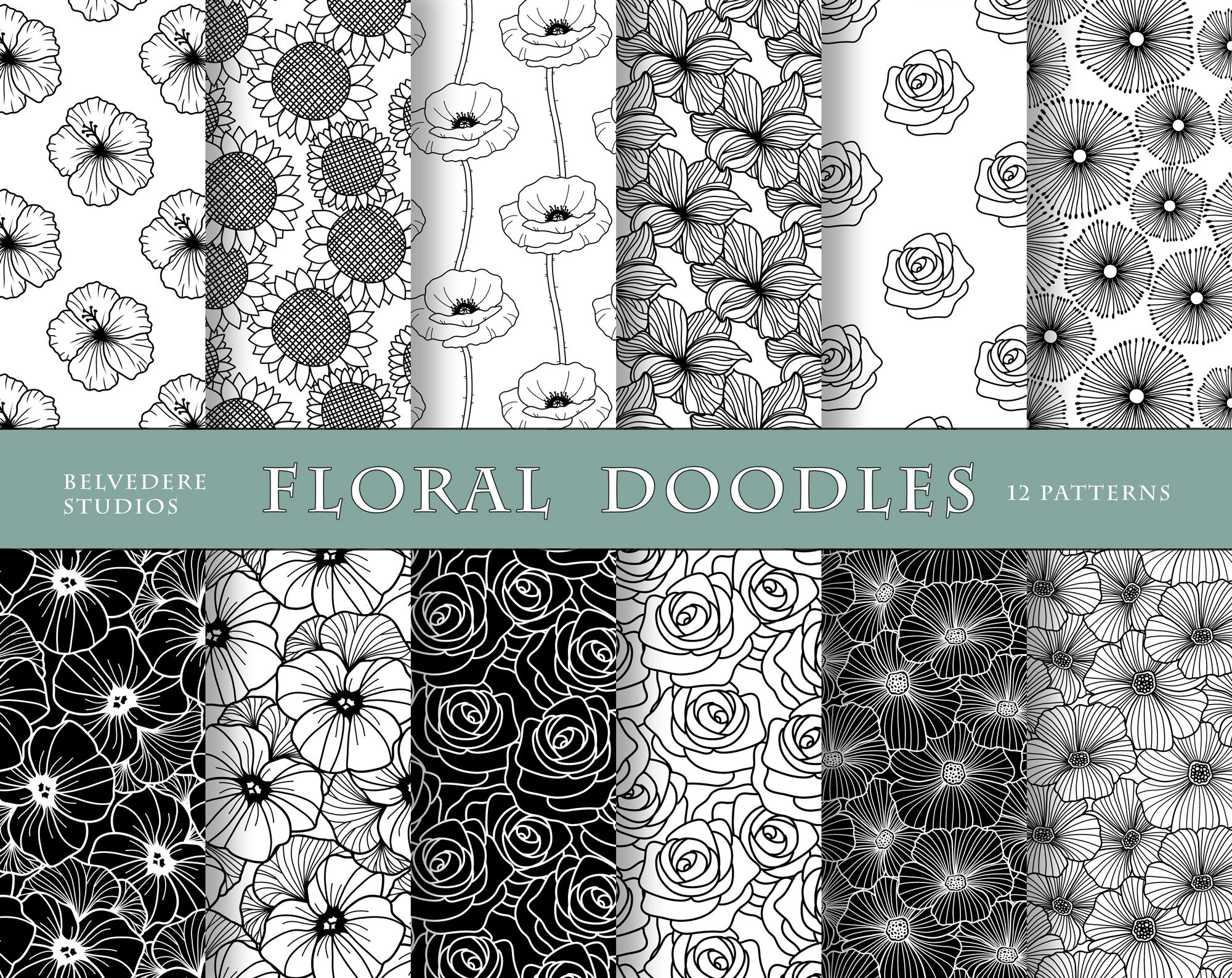 Black & White Digital Paper Doodles Bundle, Hand Drawn Seamless ...