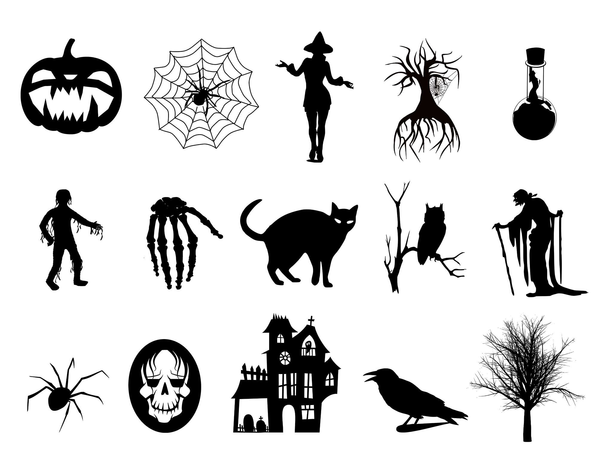 Halloween Silhouettes Clipart, Pumpkin Face, Halloween Cat, Witches ...