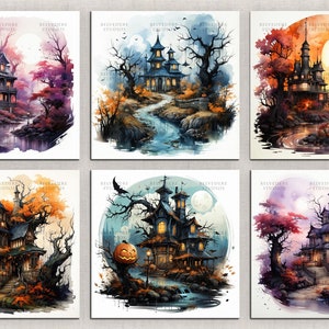 Haunted Houses Clipart, Halloween Watercolor Witch Houses Clipart ...
