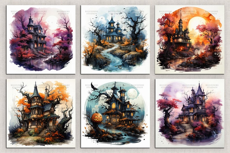 Haunted Houses Clipart, Halloween Watercolor Witch Houses Clipart ...