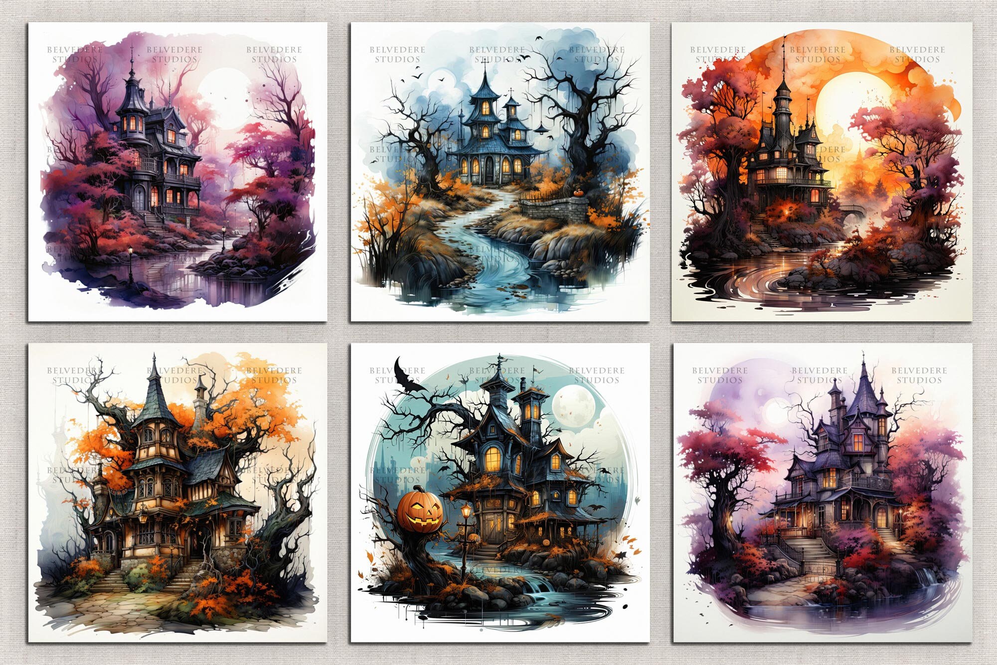 Haunted Houses Clipart, Halloween Watercolor Witch Houses Clipart ...