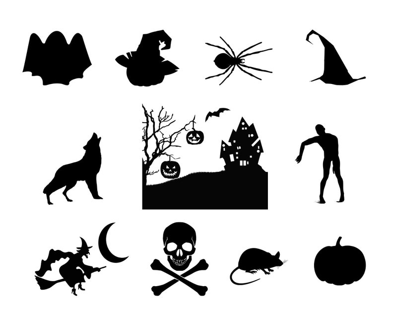 Halloween Silhouettes Clipart Pumpkin Face Halloween Cat - Etsy