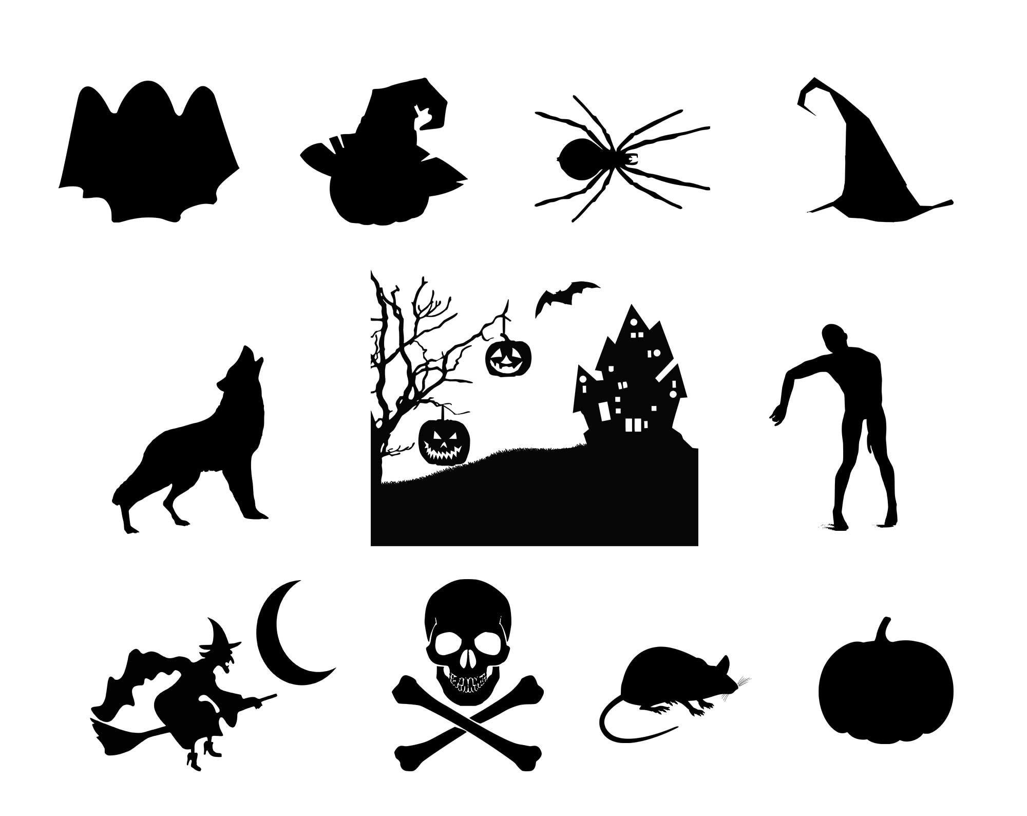 Halloween Silhouettes Clipart, Pumpkin Face, Halloween Cat, Witches ...