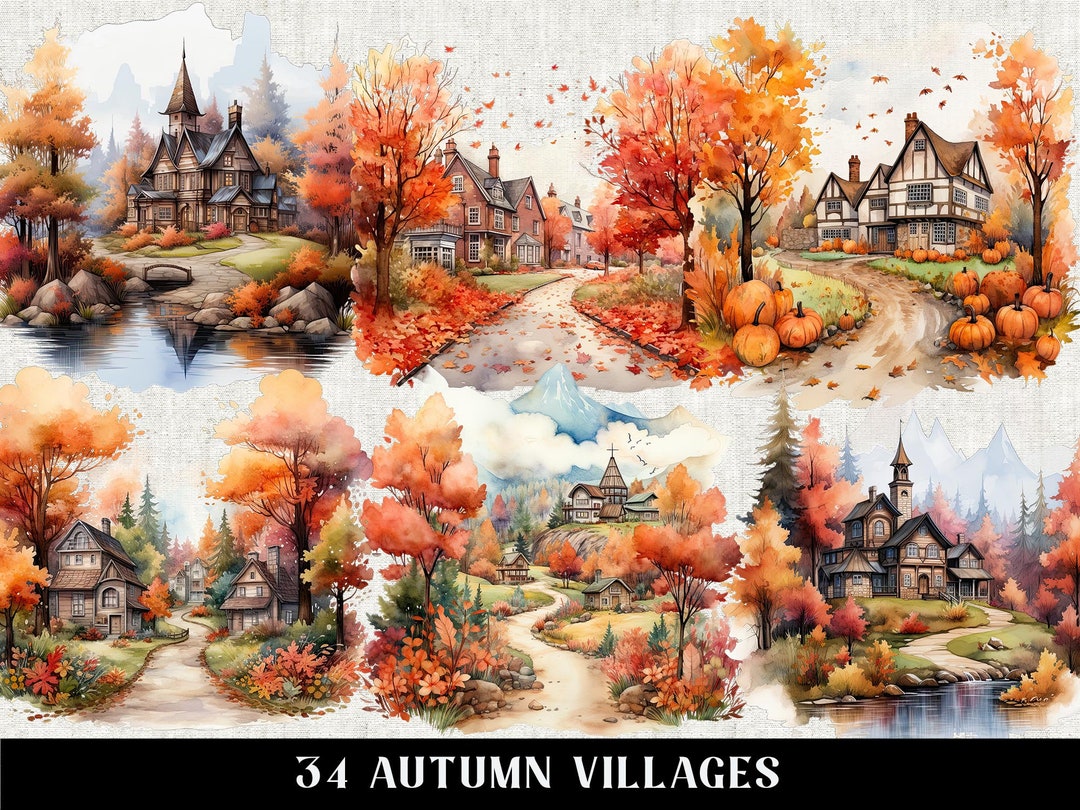 Autumn Villages Watercolor PNG Clipart for POD and Scrapbooking, Fall ...